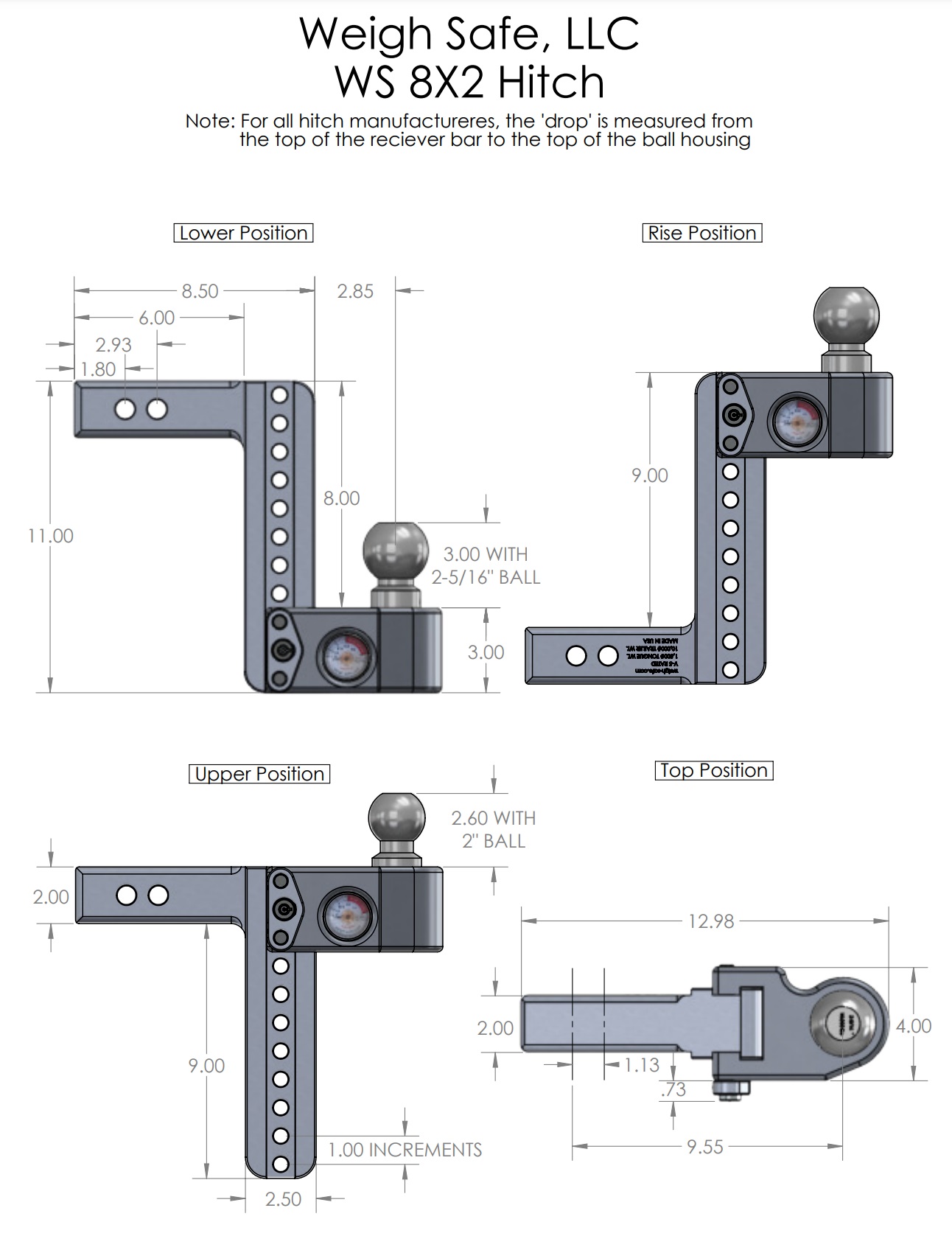 Weigh Safe Drop Hitch WS8-2-SET, 2" Shaft, 8" Drop, Keyed Alike Lock Set
