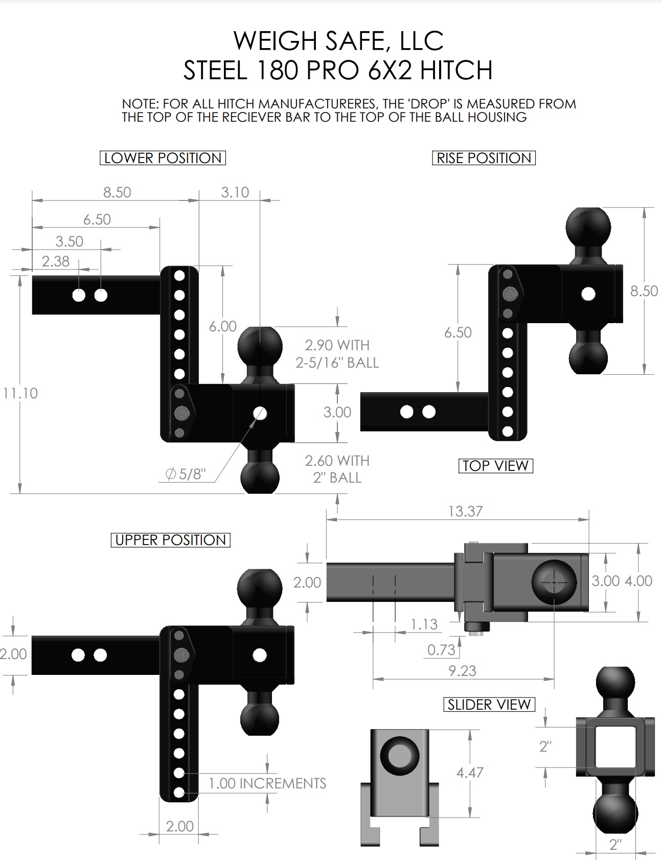 Weigh Safe Steel 180 Pro Hitch STB6-2, 2" Shaft, 6" Drop
