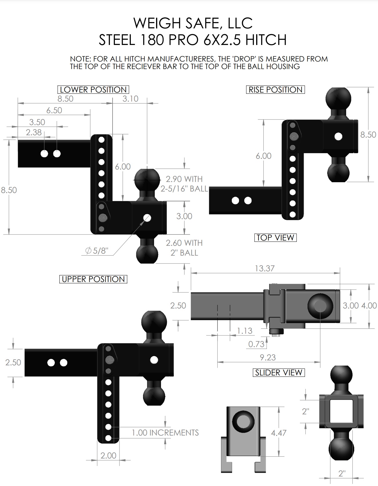 Weigh Safe Steel 180 Pro Hitch STB6-2.5-KA, 2.5" Shaft, 6" Drop, Keyed ...