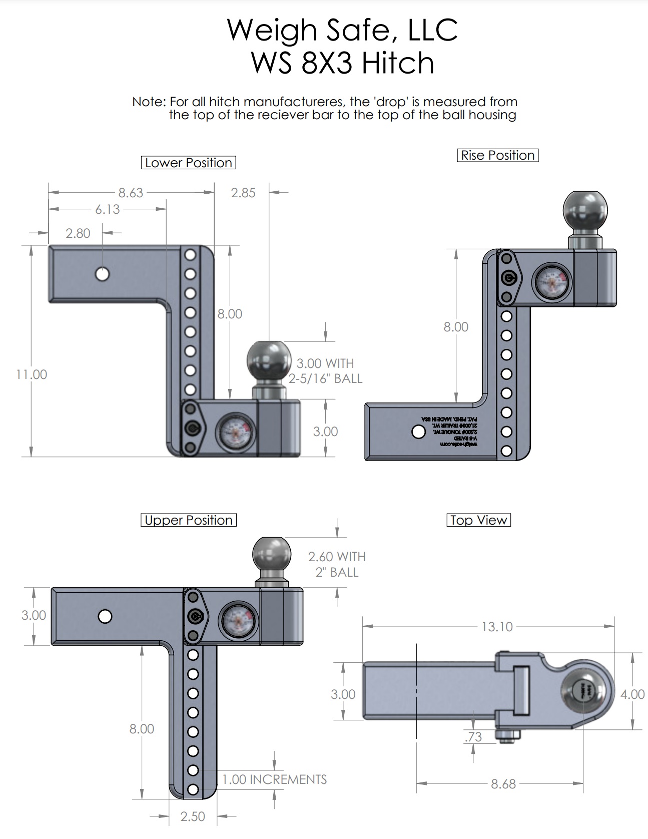 Weigh Safe Drop Hitch WS8-3-SET, 3" Shaft, 8" Drop, Keyed Alike Lock Set