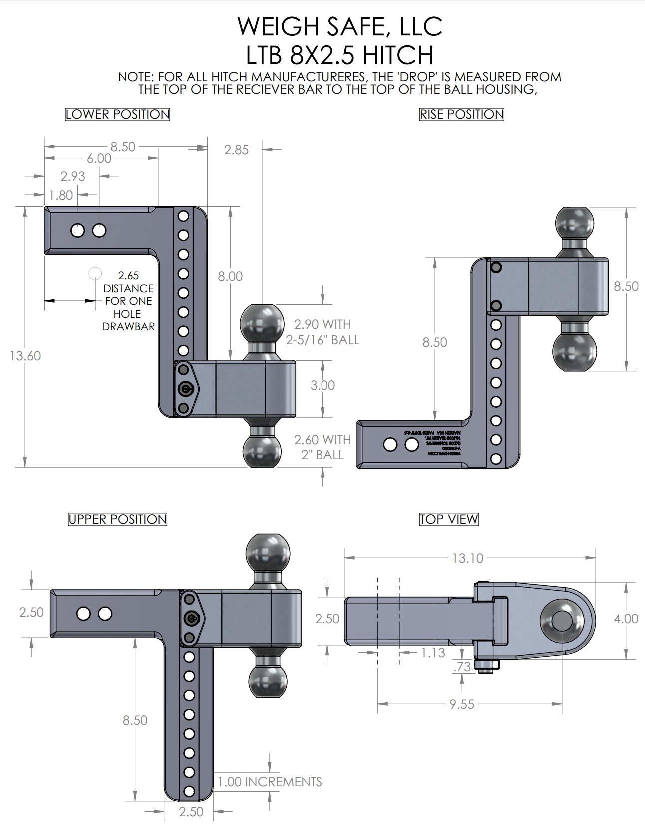 Weigh Safe 180 Hitch CTB8-2.5-SET, 2.5" Shaft, 8" Drop, Chrome-Plated ...