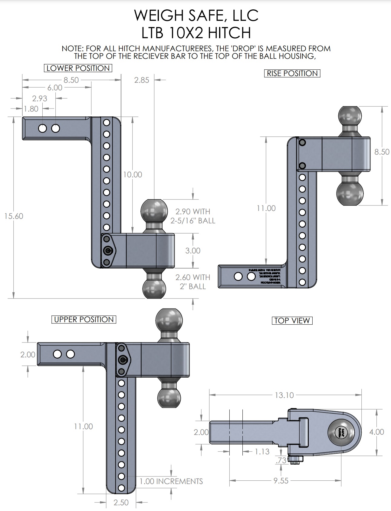 Weigh Safe 180 Hitch LTB10-2-KA, 2" Shaft, 10" Drop, Stainless Steel ...